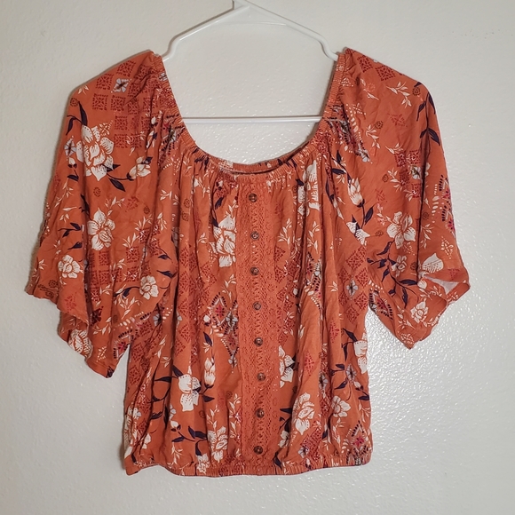 Mudd | Tops | Mudd Off Shoulder Floral Scrunch Orange Womanstop | Poshmark